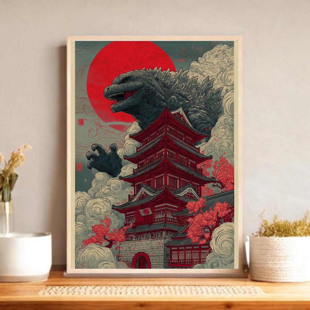 Godzilla Pagoda Japanese Mural, Monster Movie Art, Unique Home Decor ...