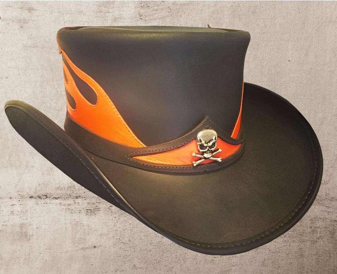 Leather Top Hat Steampunk Orange Flame Skulls Top Hat Gothic Top Hat ...