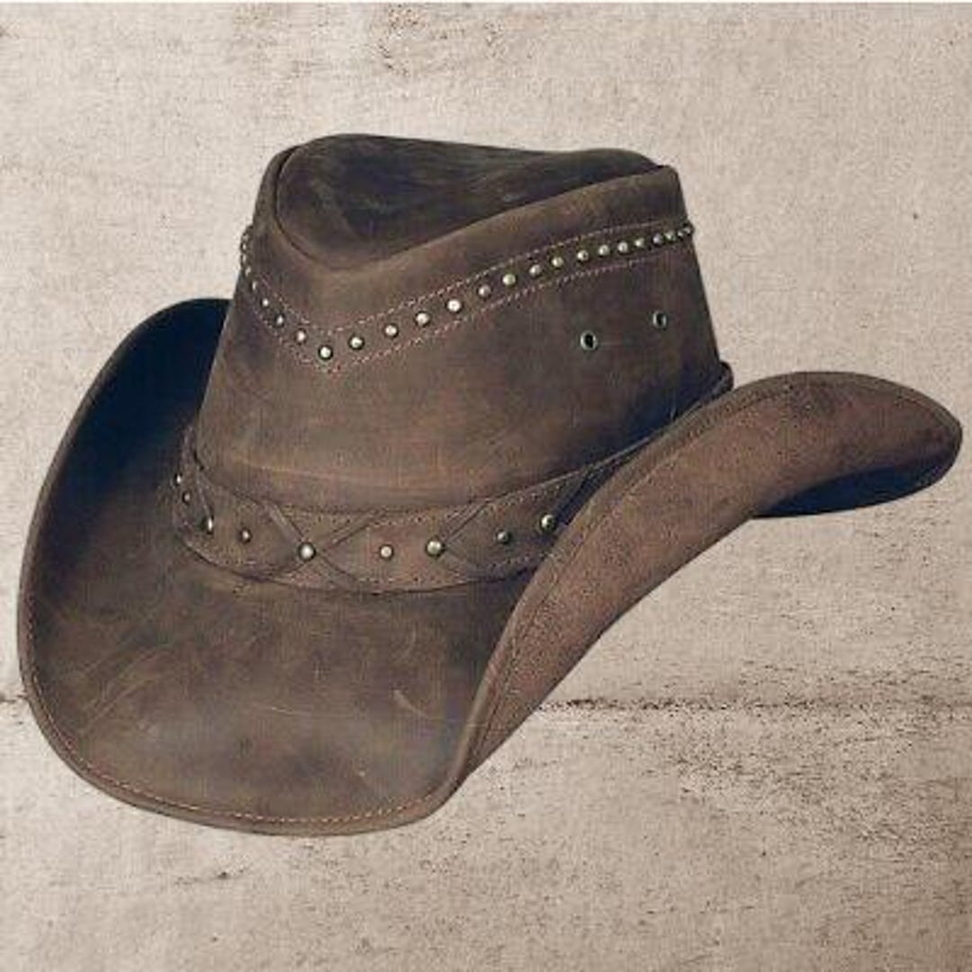 Black Distress Brown Leather Cowboy Rivets Top Hat Western Hat Rivet ...