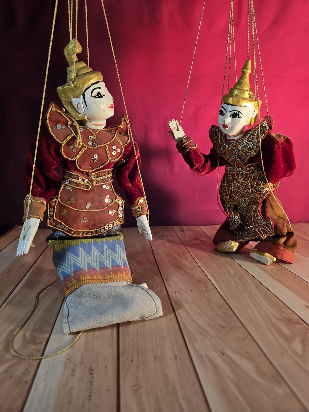 Vintage Burmese Yoke Thay Puppet Pair | Hand Carved Theater Marionette ...