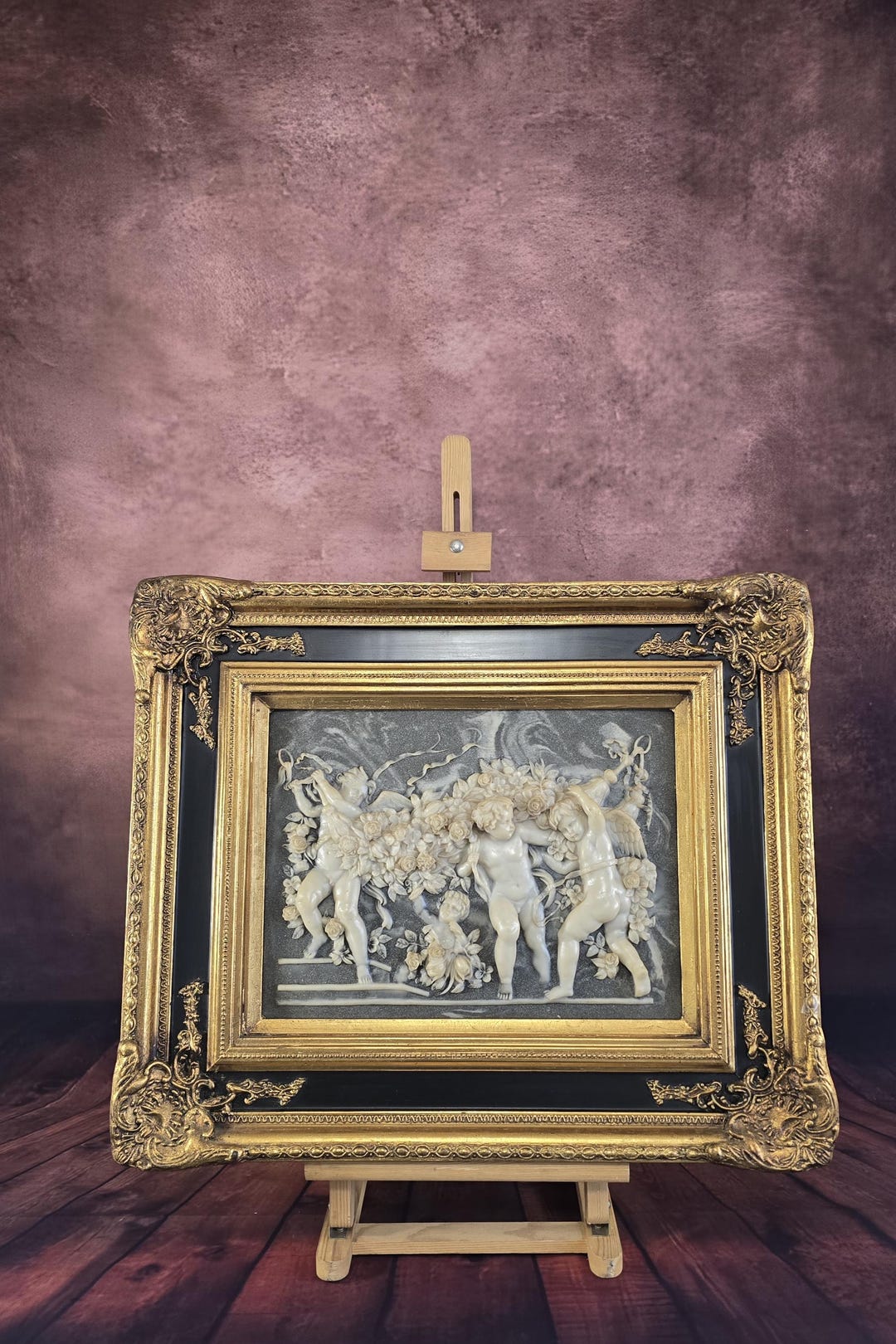 Large Italian Alabaster Relief, Carved Putti Cherubs in Gold Frame ...