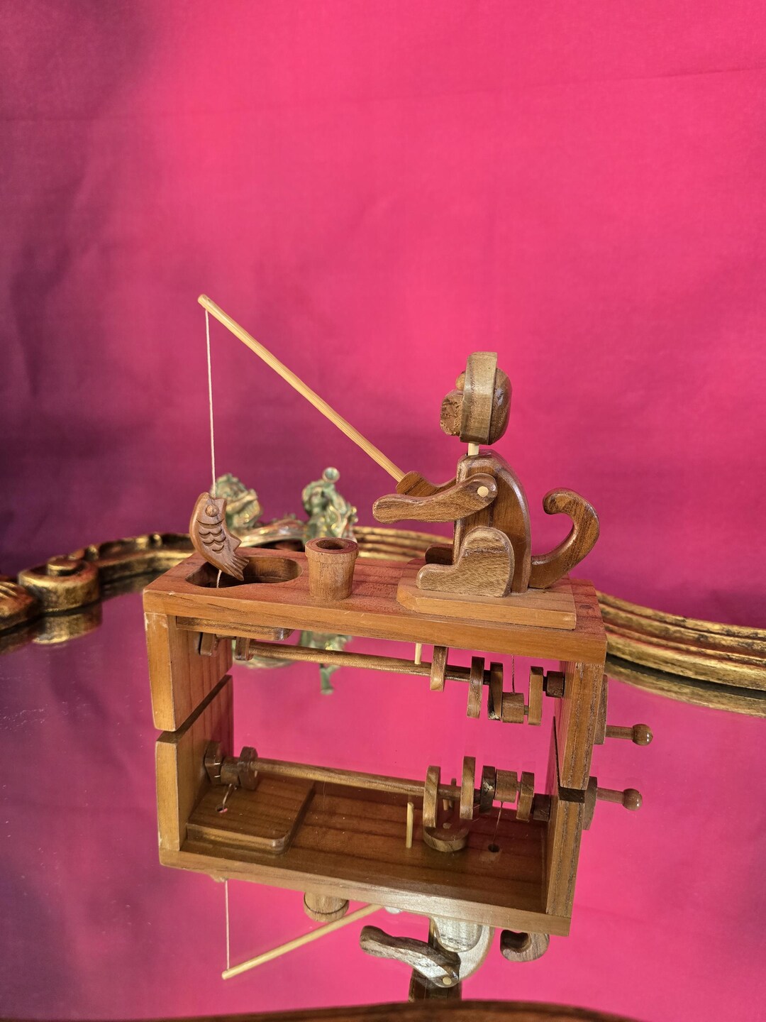 Vintage Wooden Automaton - Fishing Cat Sculpture - Etsy