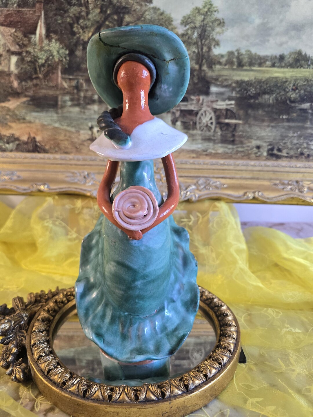 Faceless Woman Ceramic Figurine Lady in Turquoise Hat Handmade Folk Art ...