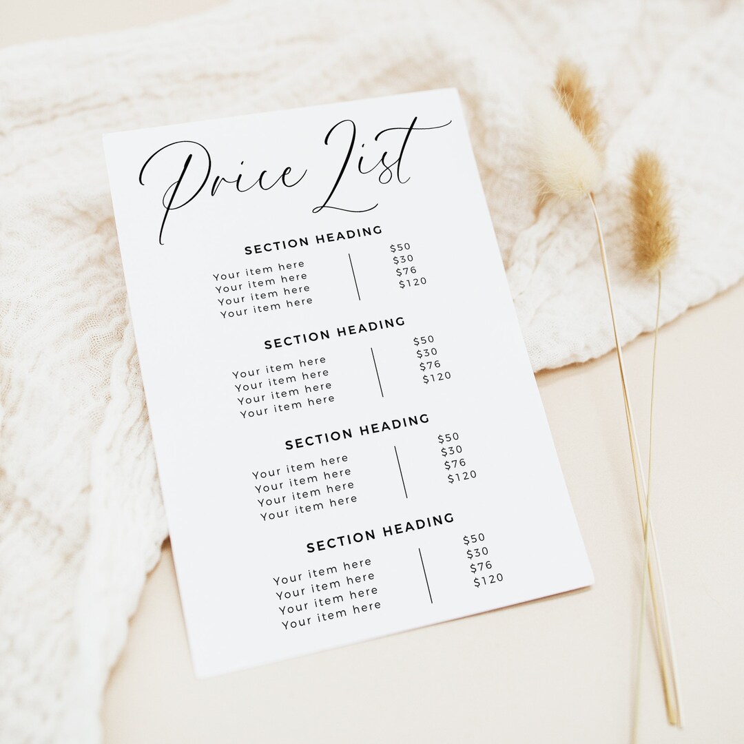 Price List Template, Small Business Branding Pricing Menu Editable ...
