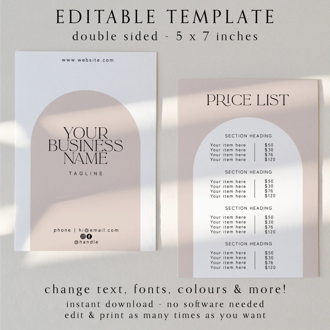 Price List Template EDITABLE DOWNLOAD Printable DIY Instant - Etsy ...