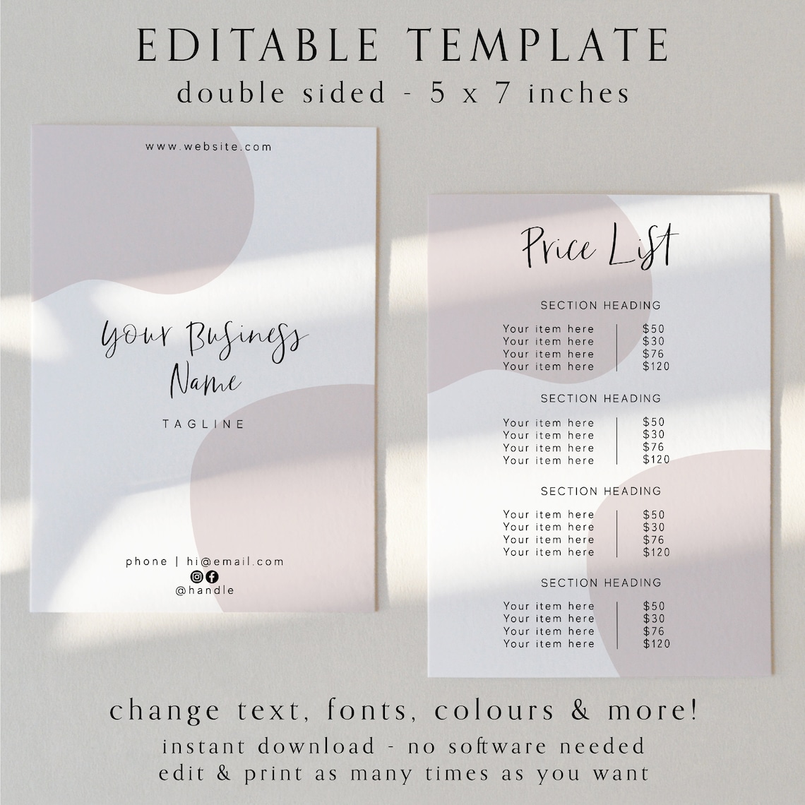 Price List Template EDITABLE DOWNLOAD Printable DIY Instant | Etsy