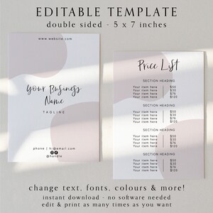 Price List Template, EDITABLE DOWNLOAD Printable DIY, Instant Download ...