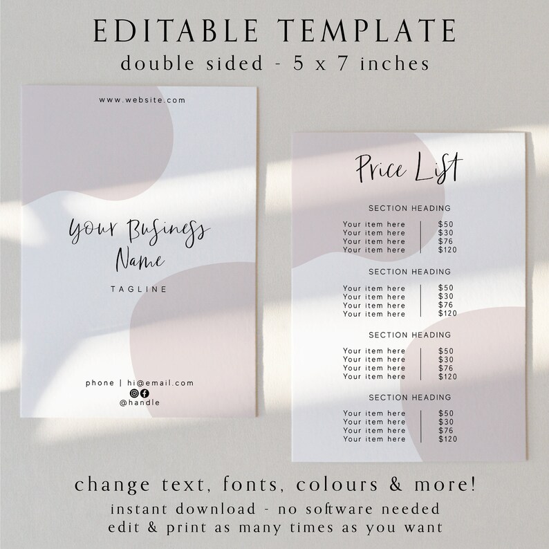 Price List Template EDITABLE DOWNLOAD Printable DIY Instant | Etsy
