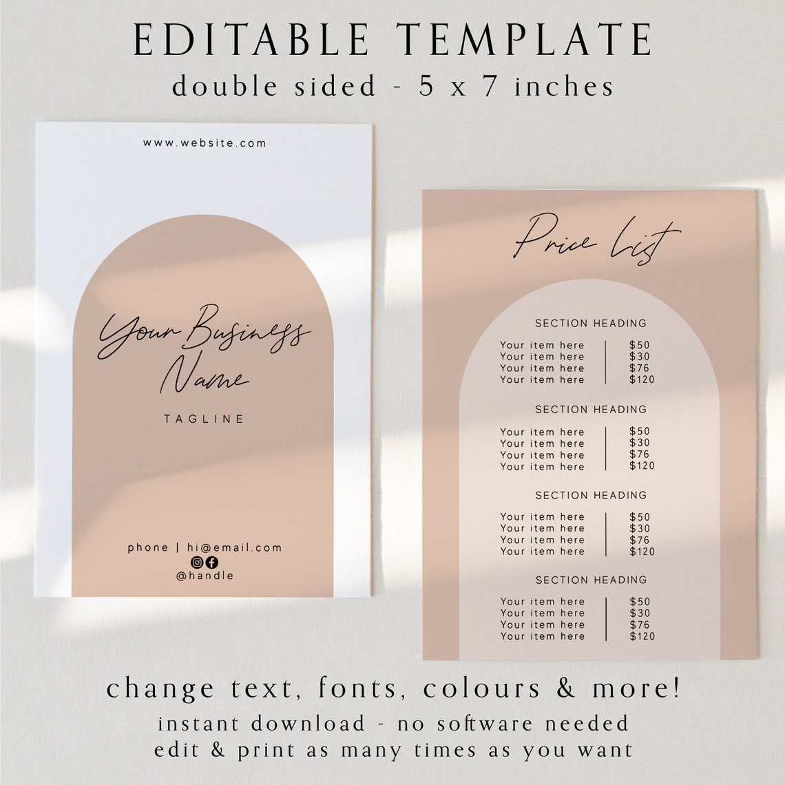 Price List Template EDITABLE DOWNLOAD Printable DIY Instant - Etsy