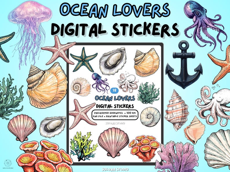 Ocean Digital Sticker Pack: Sea Shells, Waves, Goodnotes Planner (PNG ...