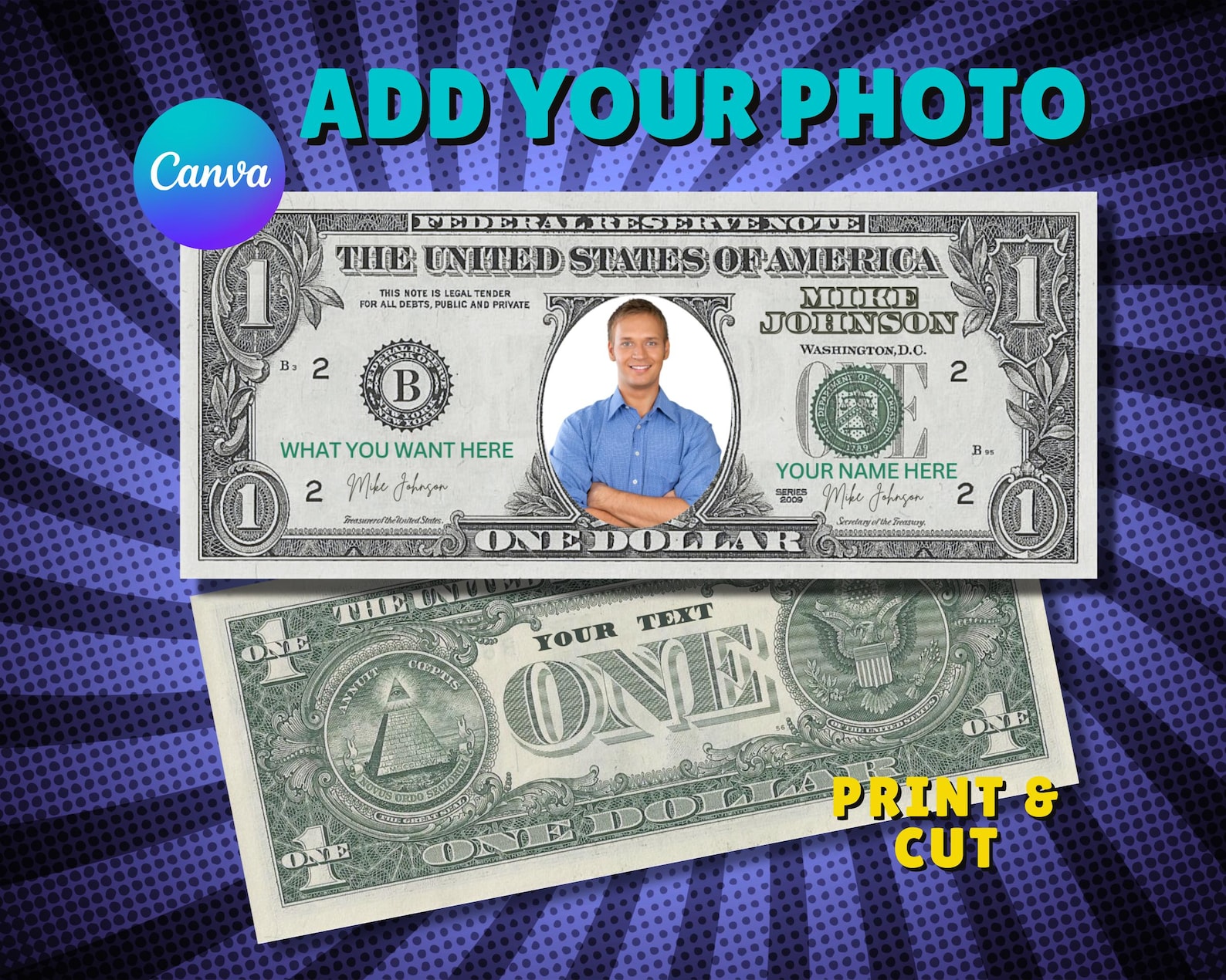 Custom Dollar Bill Template: Add Your Photo (digital Download) - Etsy