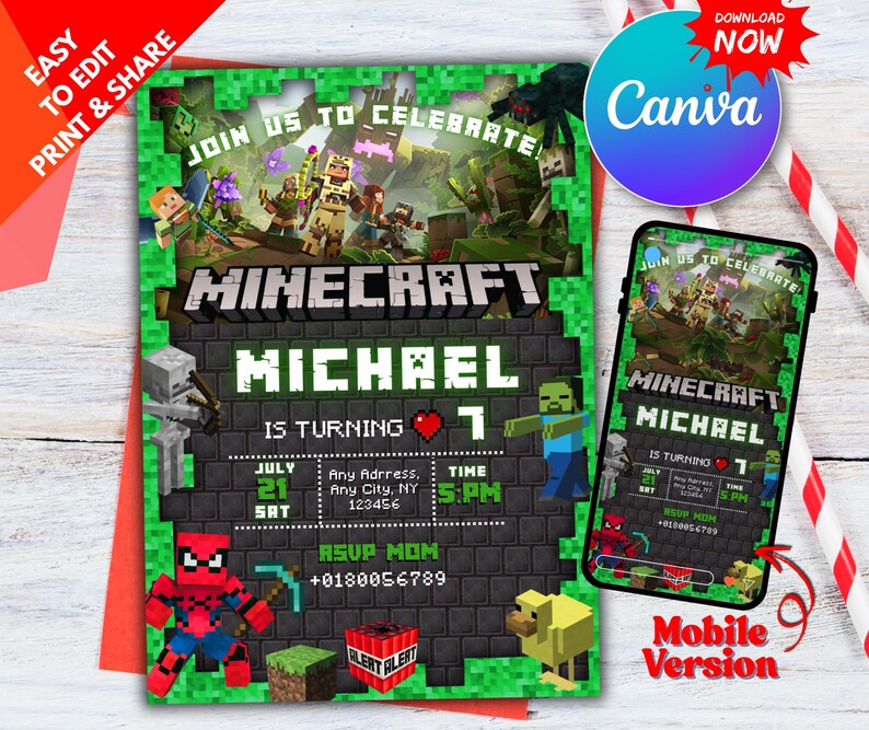 Editable Minecraft Birthday Invitation | Minecrafter Template ...