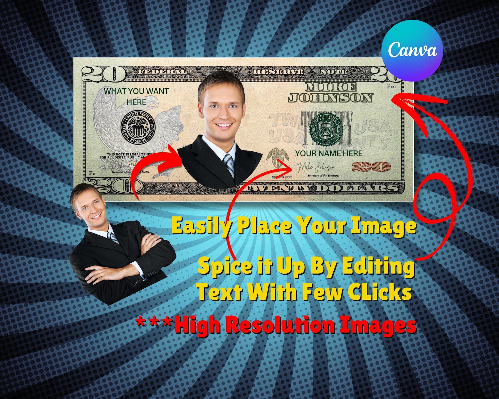 Personalized 20 Dollar Bill Template, Picture on Dollar, Editable ...