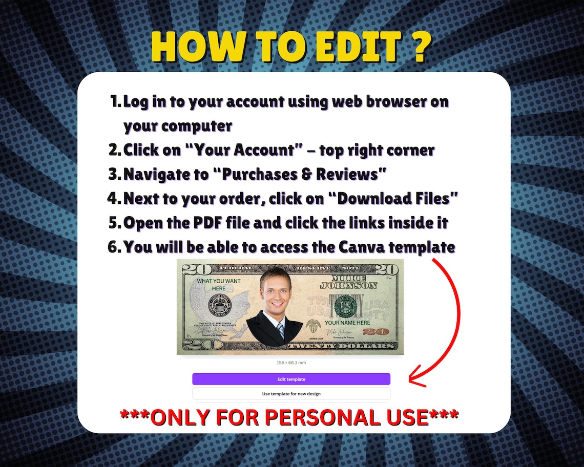 Personalized 20 Dollar Bill Template, Picture on Dollar, Editable ...