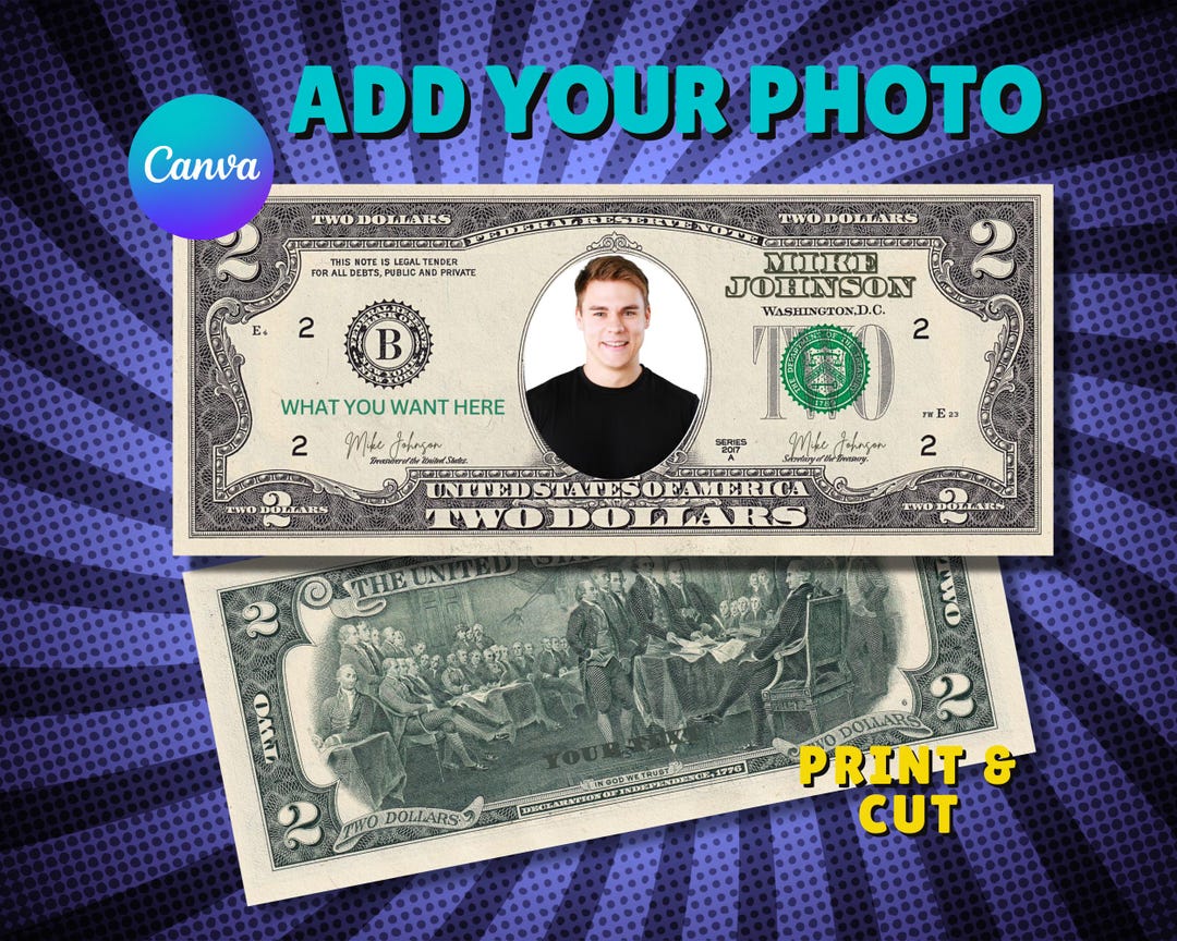 Personalized Two Dollar Bill Template: Custom Photo Gift (digital ...