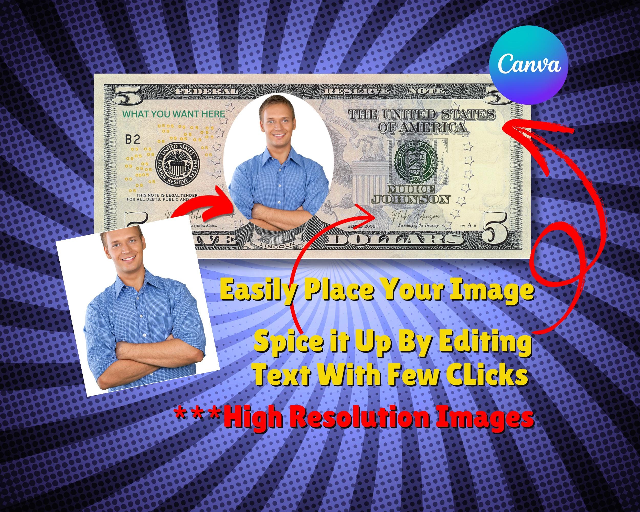 Five Dollar Bill Template, Personalized Dollar Bill Template, Picture ...