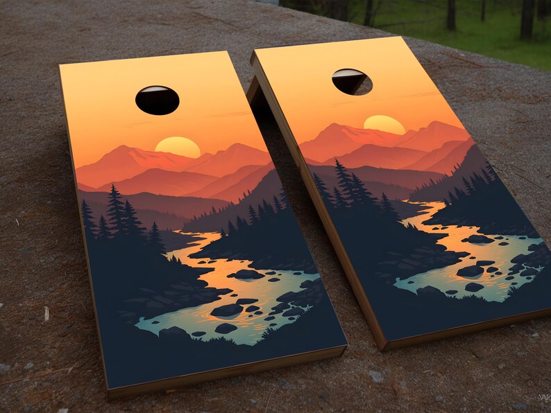 Mountain Sunset Cornhole Wrap: River & Forest Landscape (digital ...