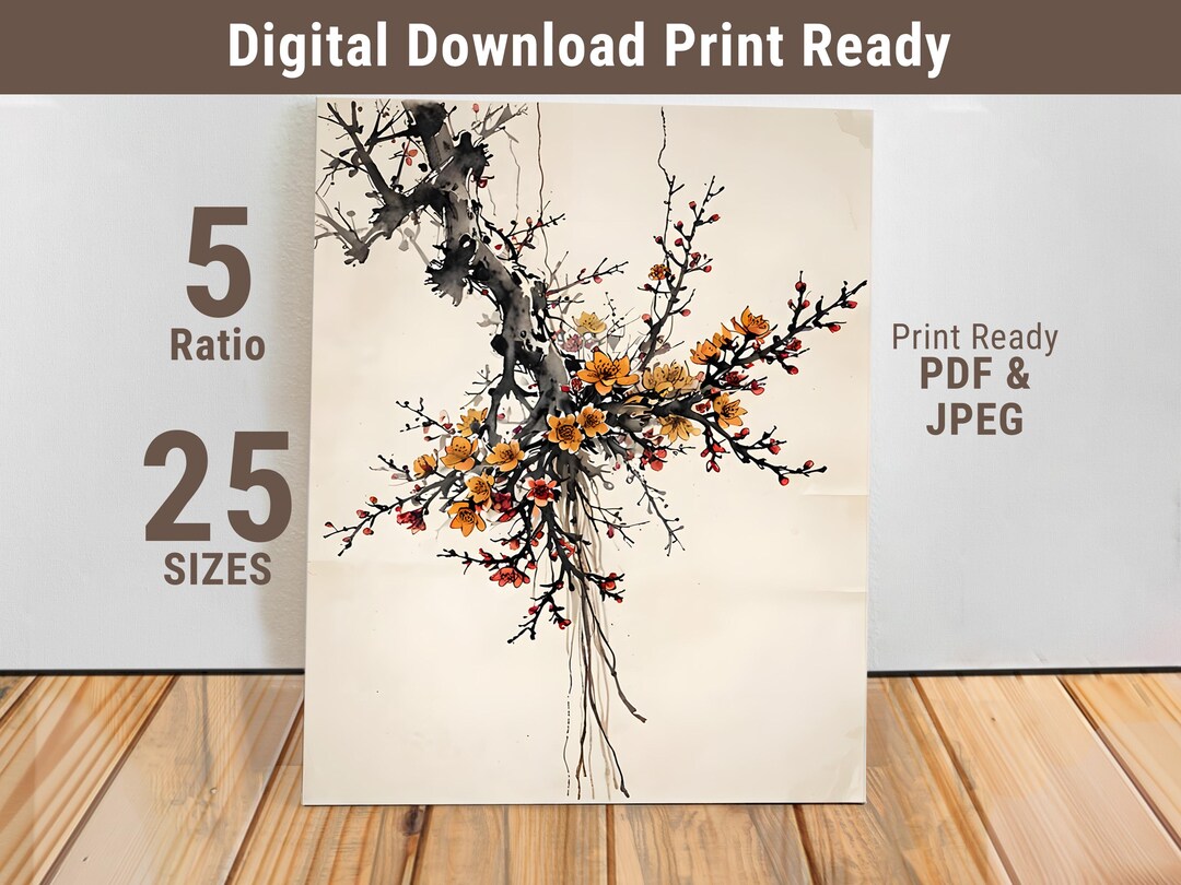 Golden Floral Branch Wall Art – Red and Yellow Bloom Botanical Artwork ...