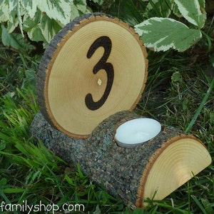 Candle-lit Table Number Centerpiece Log Wood Bark Tea Light Rustic ...