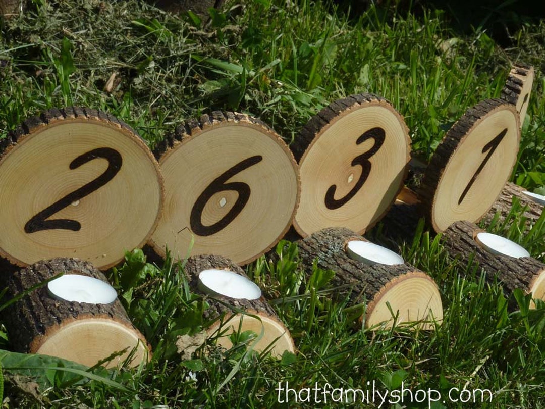 Candle-lit Table Number Centerpiece Log Wood Bark Tea Light Rustic ...