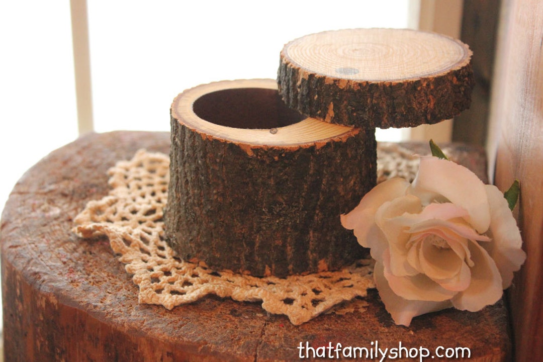 Swivel-top Rustic Log Jewelry Ring Box With Flocked Felt Interior Gift ...
