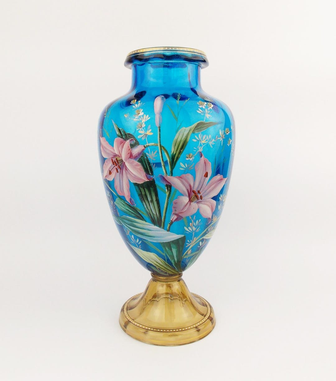 Antique Late 19th Century Harrach Glass Vase W Enamel Flowers Blue ...
