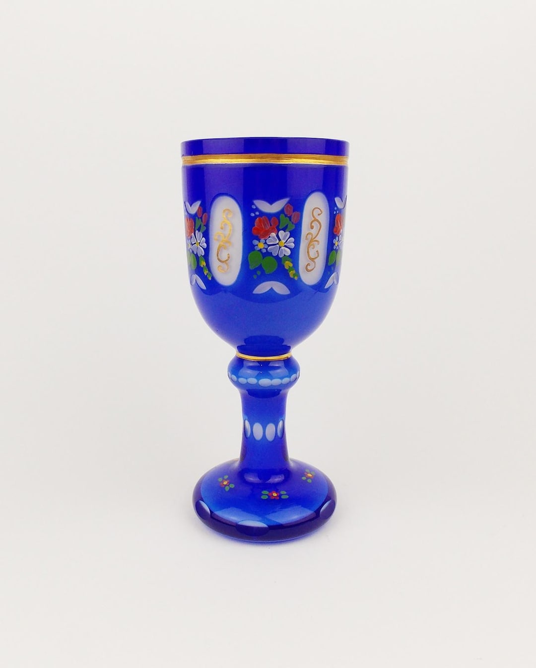 Vintage Bohemian Overlaid Blue Cobalt Glass Pokal Goblet Hand Painted ...