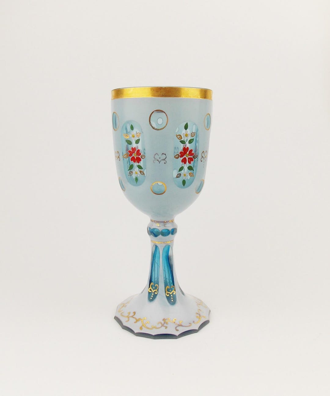 Vintage Bohemian White and Blue Overlaid Glass Pokal Goblet Hand ...