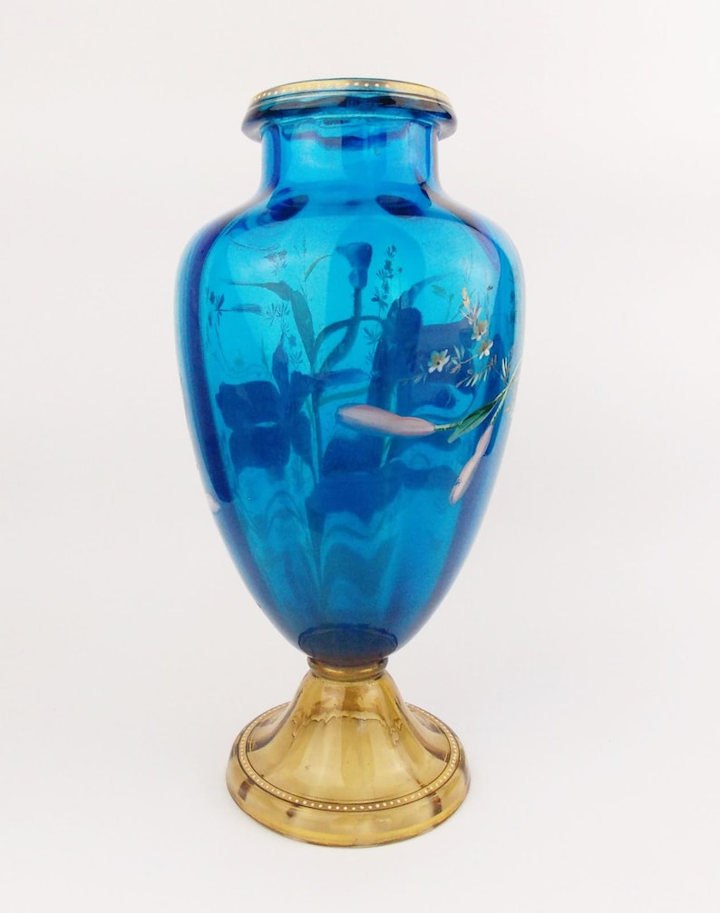 Antique Late 19th Century Harrach Glass Vase W Enamel Flowers Blue ...
