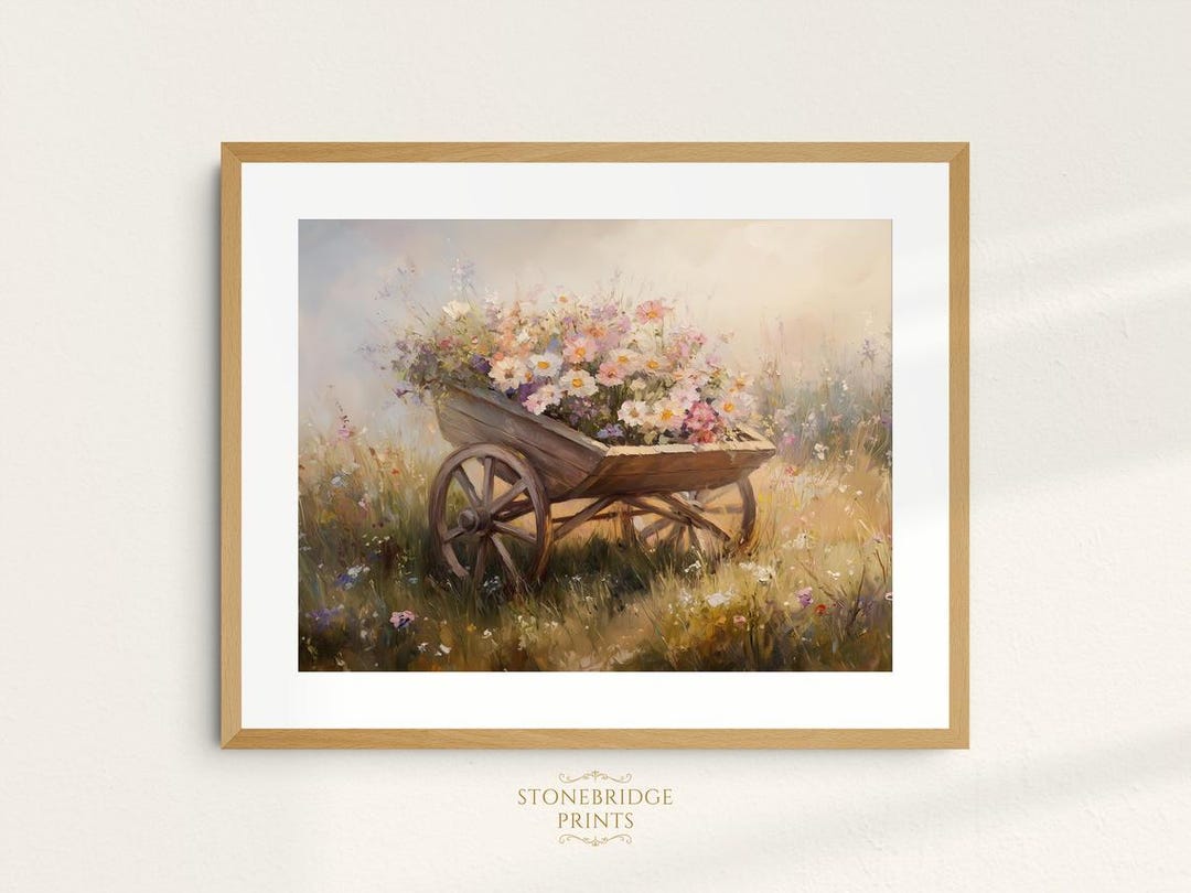 Vintage Wheelbarrow Flower Garden Wall Art Rustic Spring Floral ...