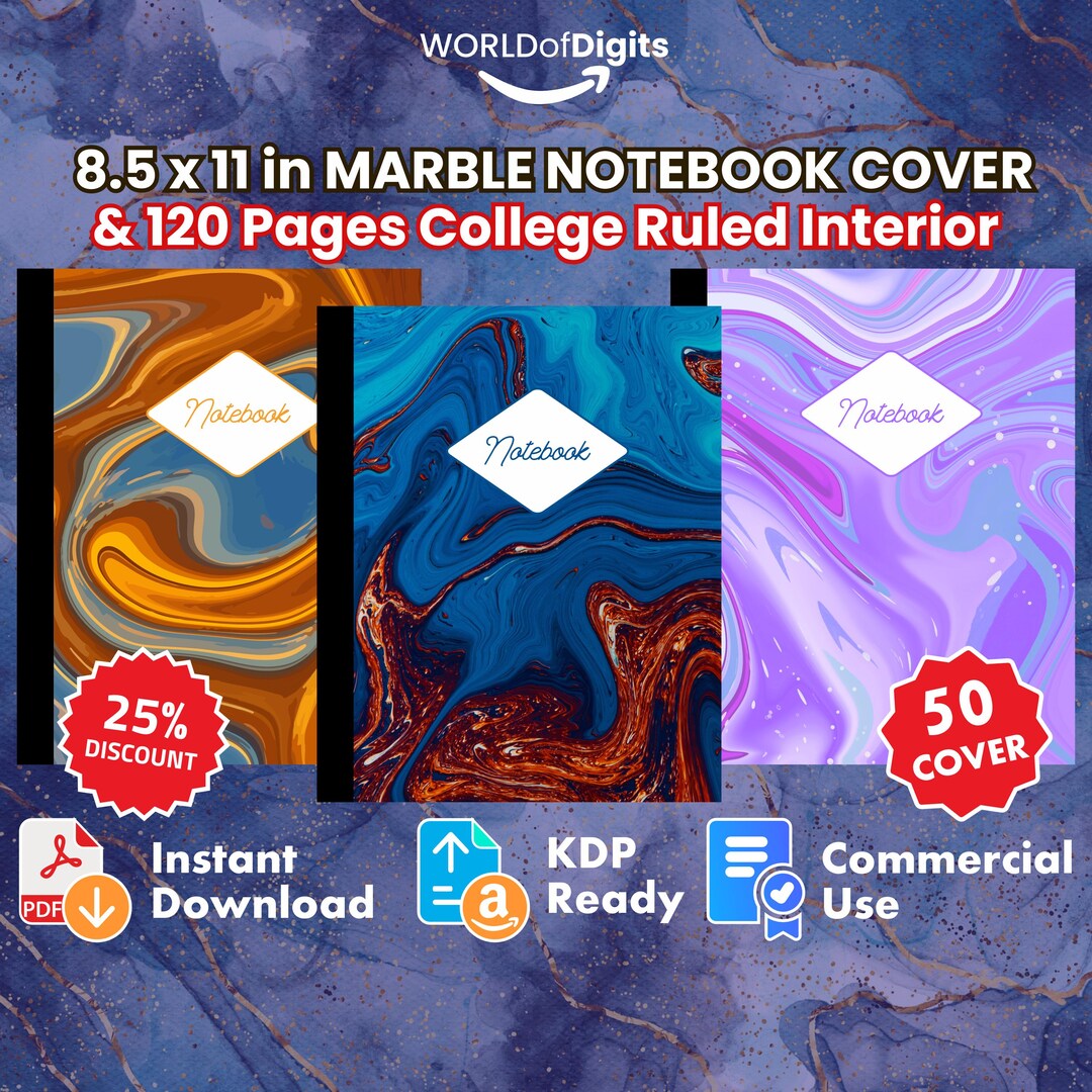 Marble Notebook Covers: 50 KDP Ready PDF Files (8.5x11, 120 Ruled Pages ...