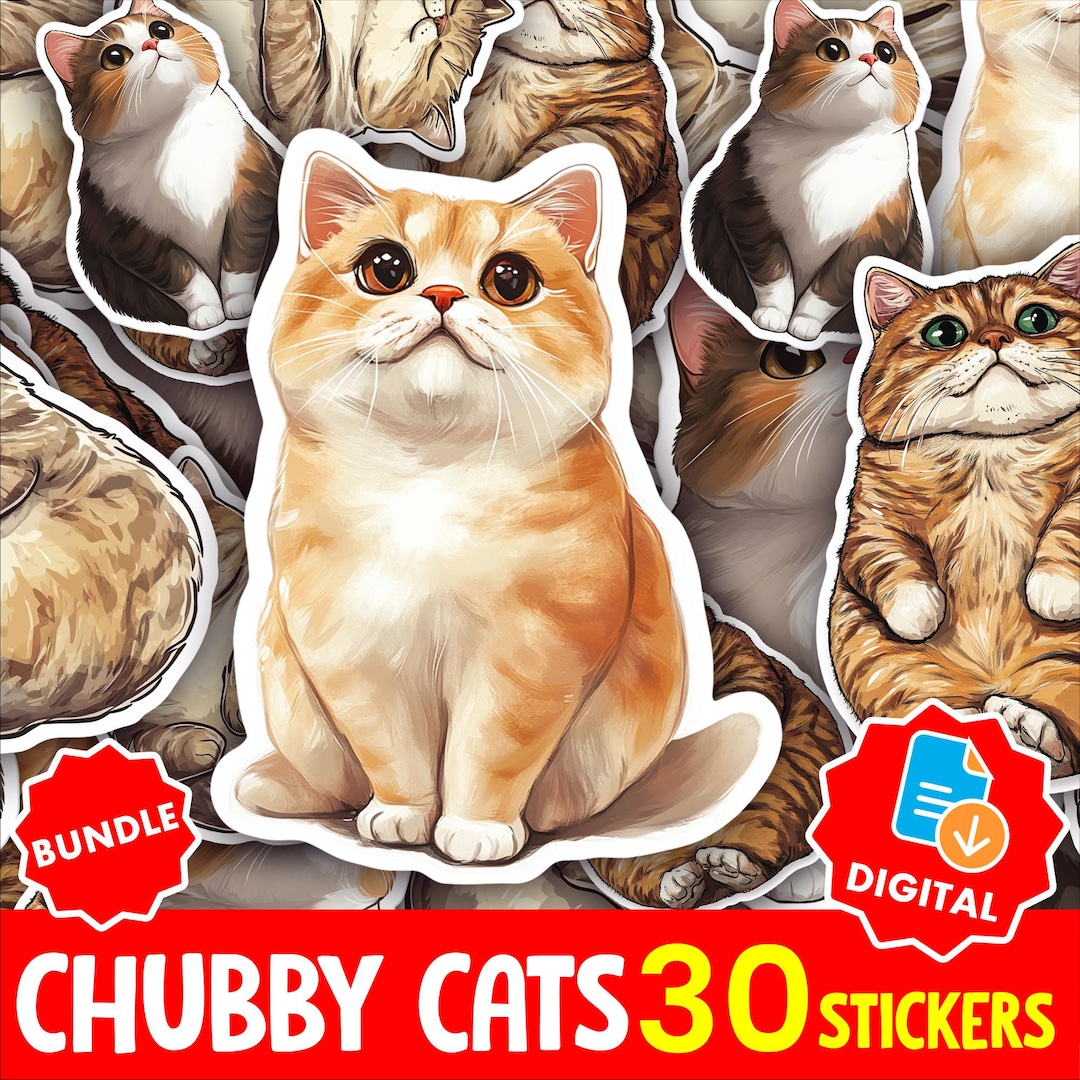 Kawaii Chubby Cat Sticker Bundle | Cute Fat Kitty Clipart Pack PNG ...