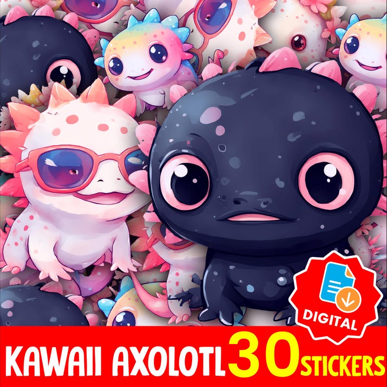 Kawaii Axolotl Animals Clipart Sticker Pack PNG | Adorable Aquarium ...