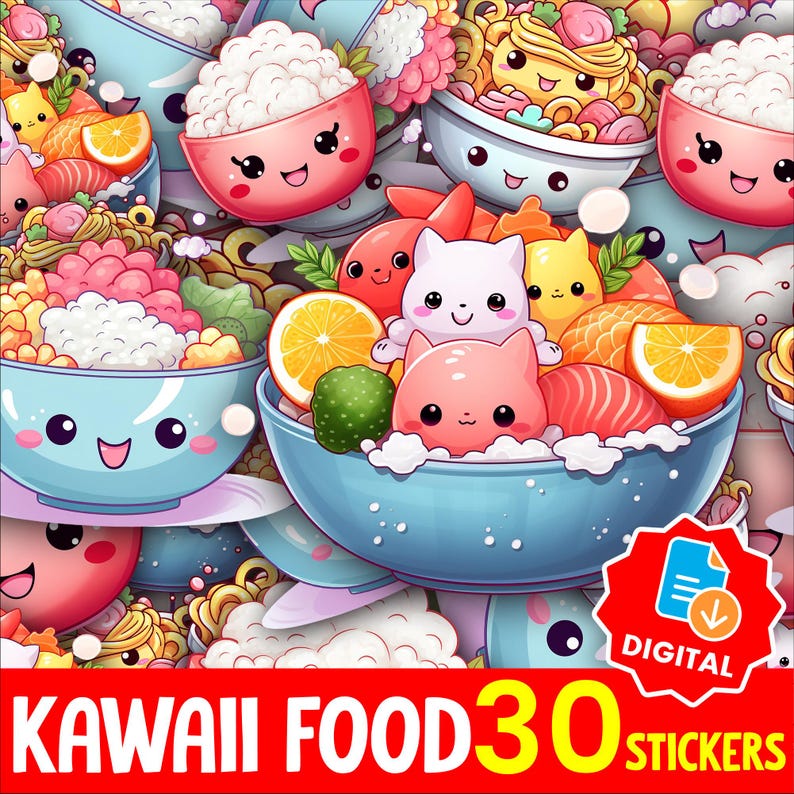 Kawaii Anime Food Sticker Clipart Bundle: Chibi Dessert & Snack PNG ...