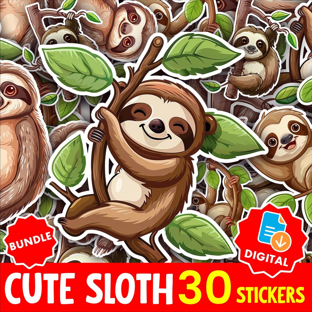 Kawaii Sloth Sticker Pack PNG | Cute Lazy Animal Clipart | Adorable ...