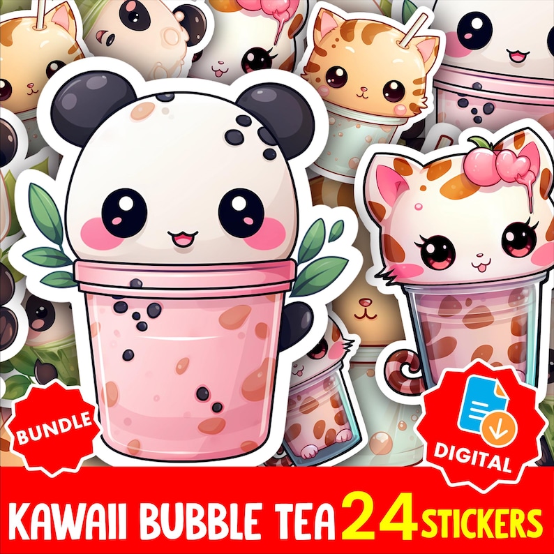 Kawaii Animal Bubble Tea Stickers: Pastel Planner Clipart (PNG Digital ...