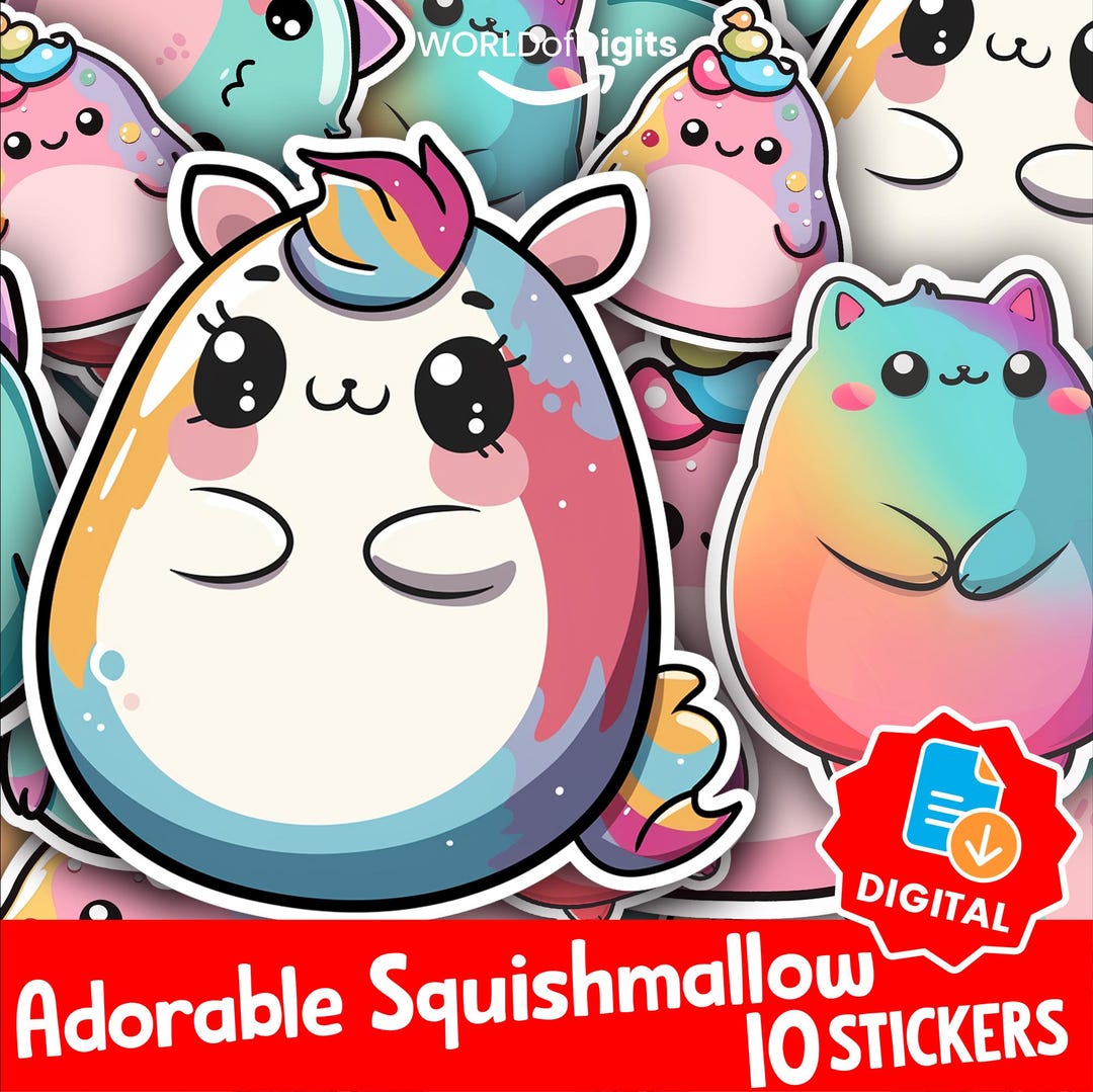 Kawaii Squishmallow Stickers: Pastel Rainbow Chibi Animals (PNG ...