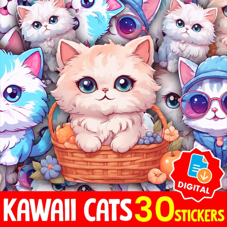 Anime Kitty Stickers Set, Cute Chibi Cat Pack, Pastel Aesthetic Cats ...