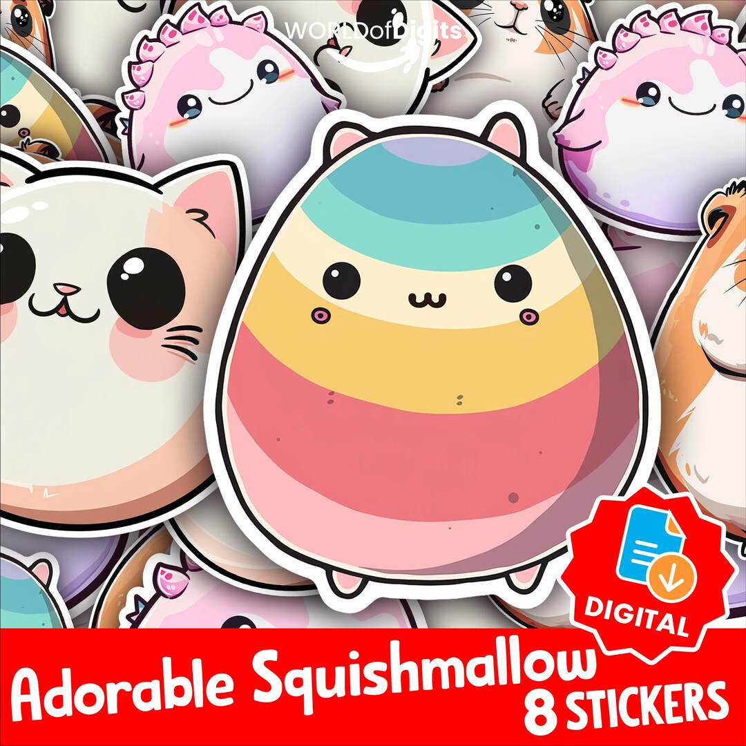 Kawaii Squishmallow Stickers: Pastel Rainbow Chibi Animals (PNG ...