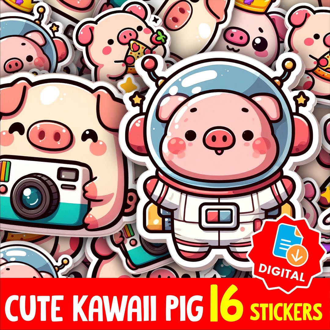 Kawaii Pig Stickers PNG Bundle | Cute Cartoon Piggy Clipart for ...