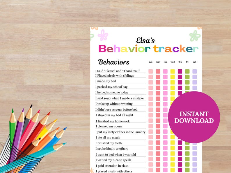 Printable Kids Behavior Chart: Daily Habit Tracker (PNG or PDF Download ...