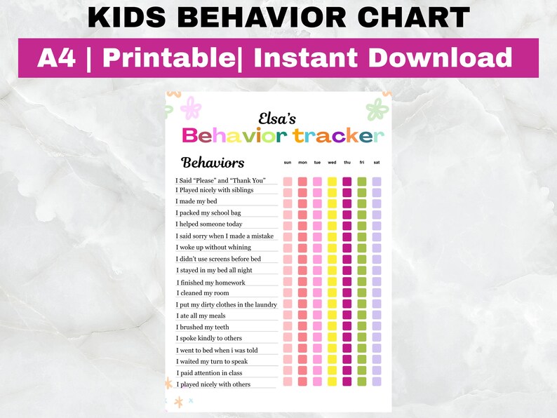 Printable Kids Behavior Chart: Daily Habit Tracker (PNG or PDF Download ...