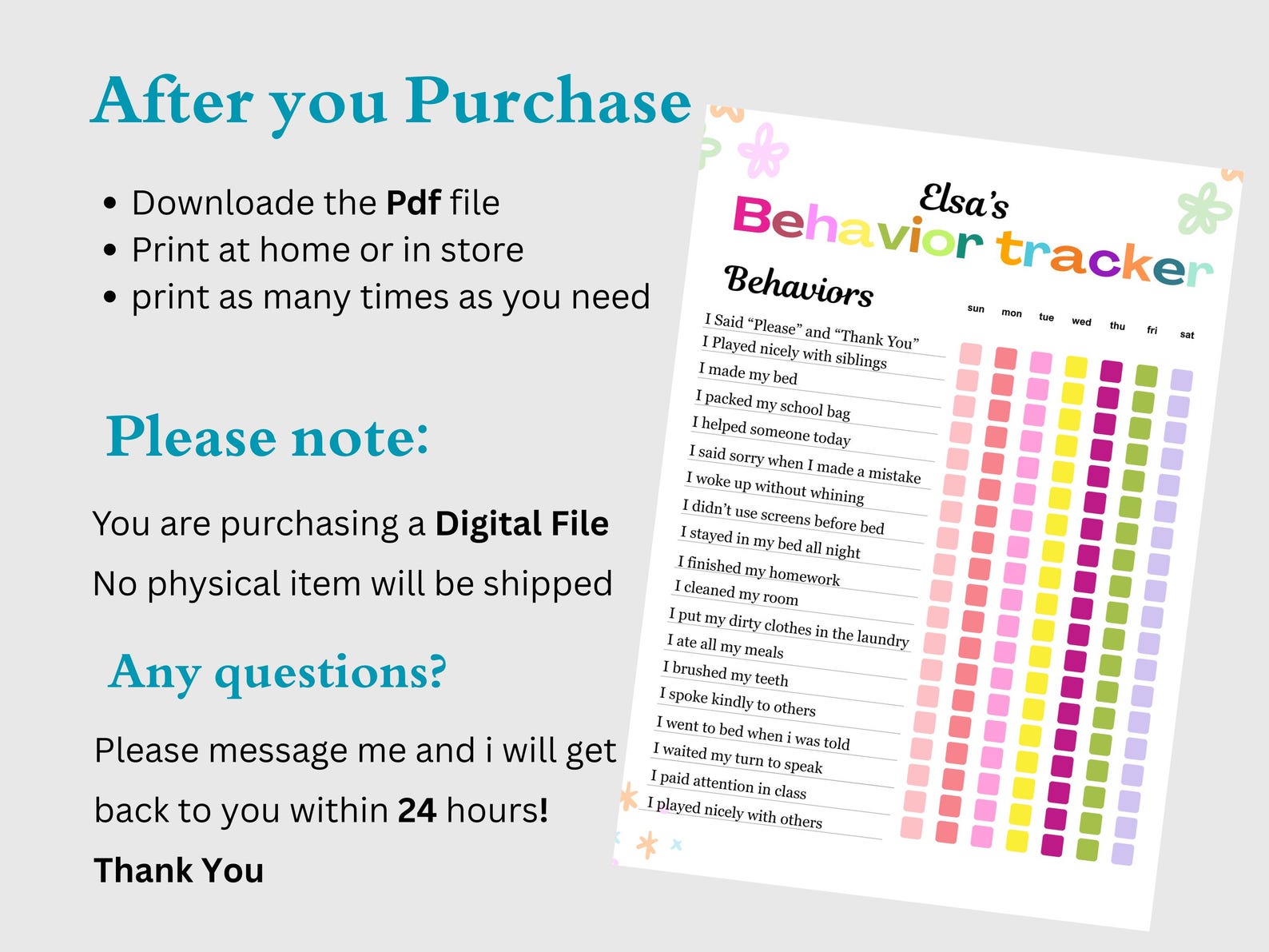 Printable Kids Behavior Chart: Daily Habit Tracker (PNG or PDF Download ...