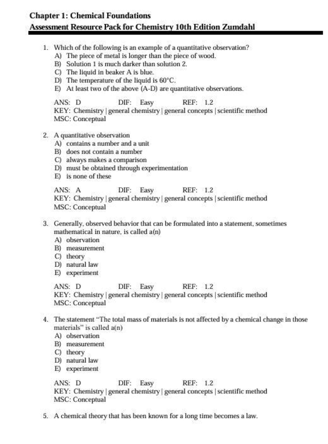 Assessment Resource Pack for Chemistry, 10th Edition, Steven S. Zumdahl ...
