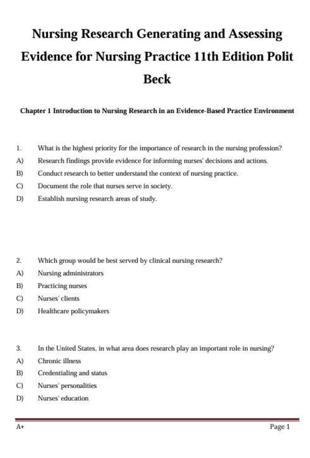 Nursing Research Practice Questions: Polit & Beck 11th Edition - Etsy