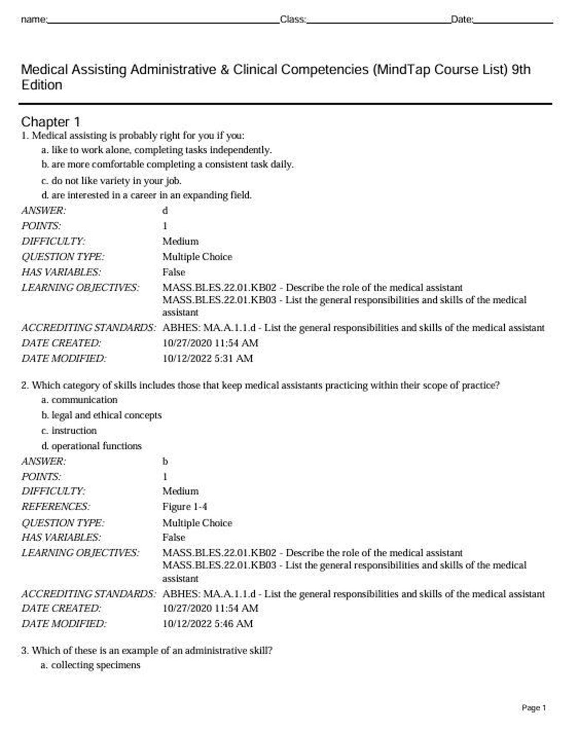 Assessment Resource Pack FOR Medical Assisting Administrative & Clinical Competencies (mindtap ...