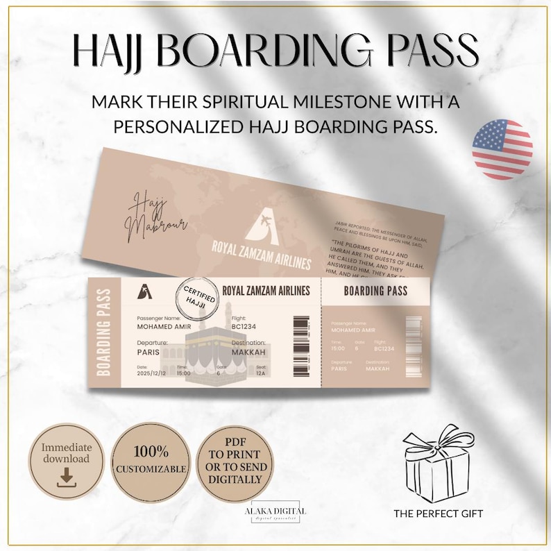 Editable Hajj Boarding Pass Template for Canva, Digital Muslim Gift ...