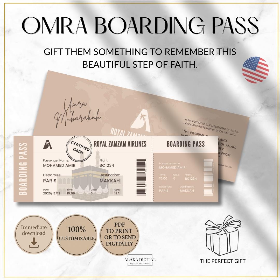Customizable Umrah Boarding Pass Template: Muslim Pilgrimage Gift ...