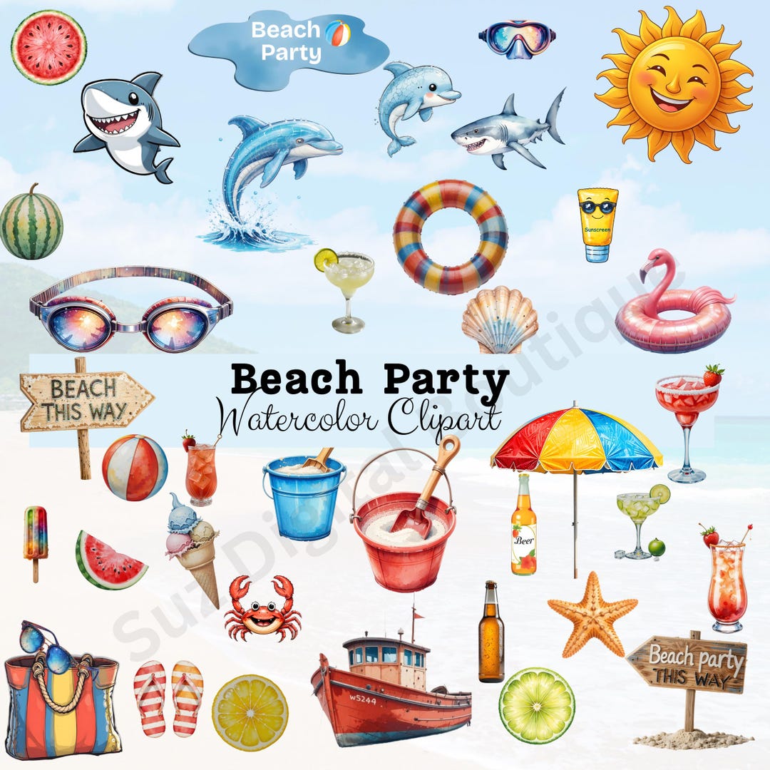 Beach Themed Clipart Watercolor Pngs Pre-cropped Transparent 300 DPI ...