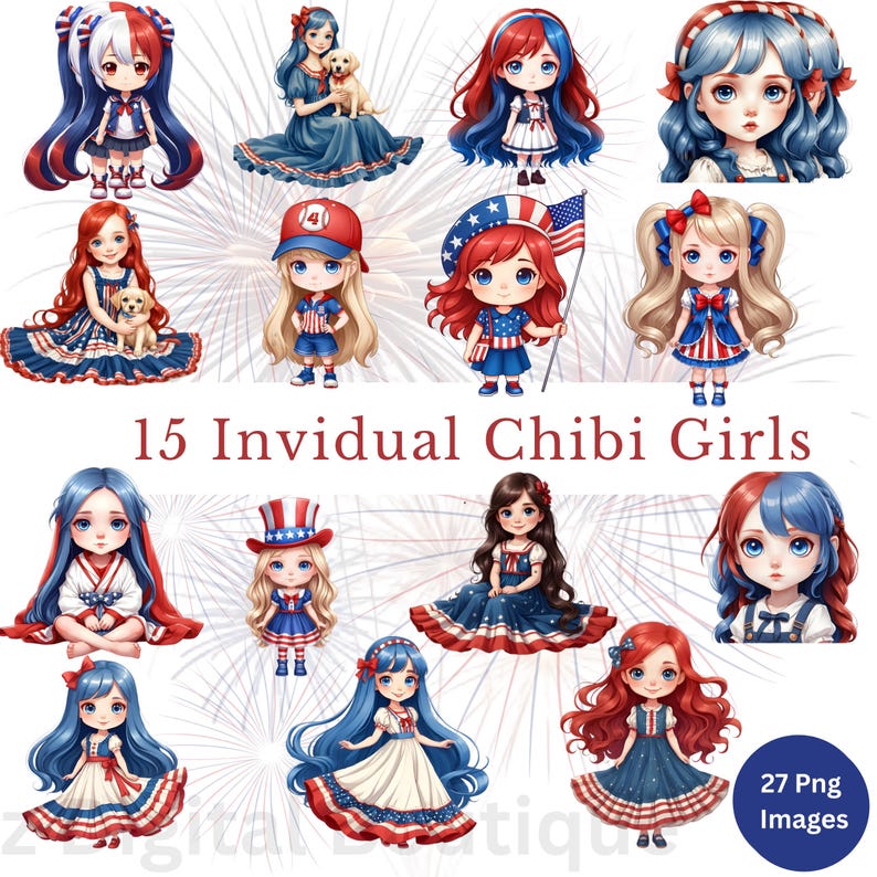 4th of July Chibi Girl Clipart PNG Cute Kawaii Patriotic Sublimation ...